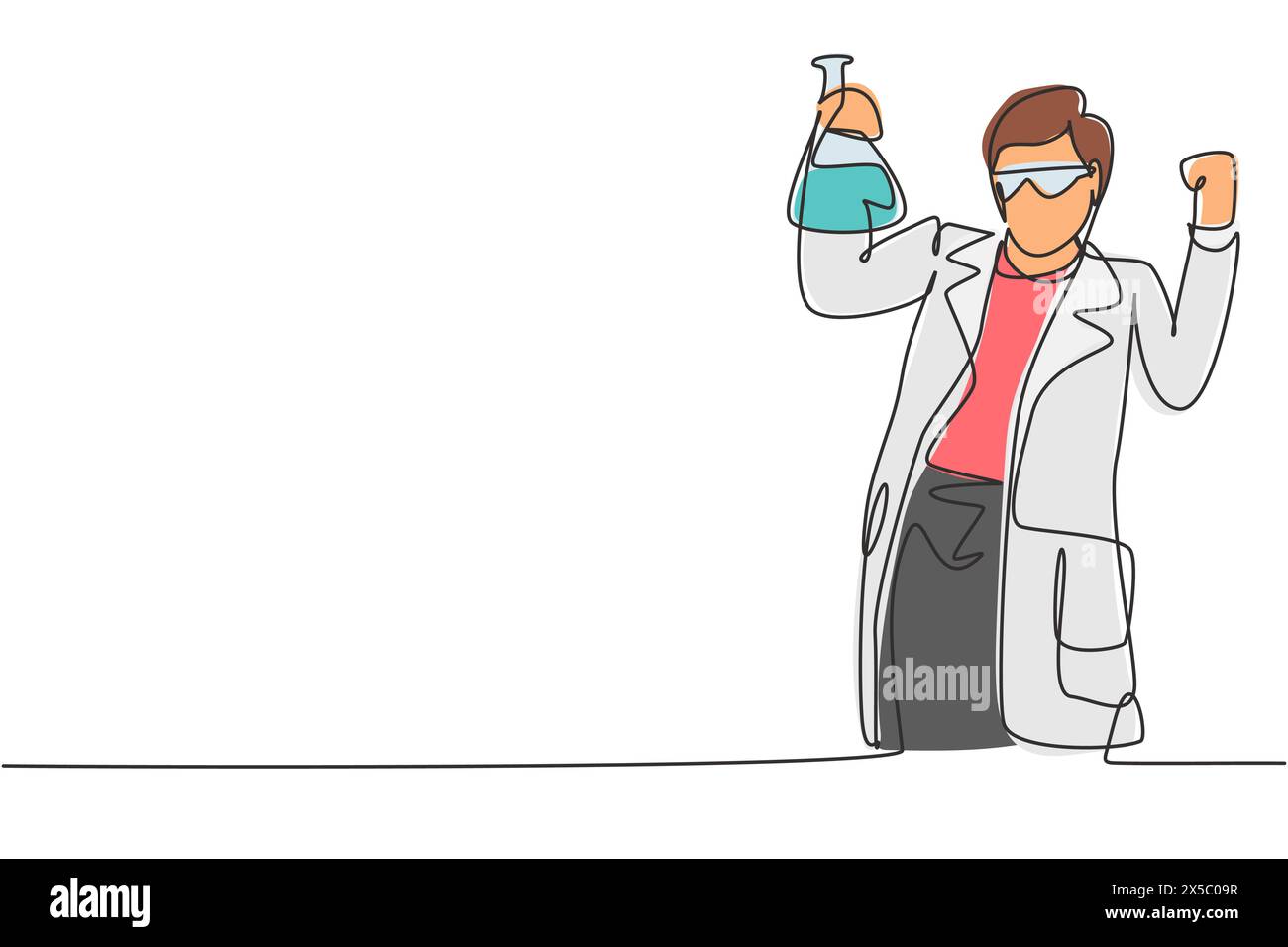 Single one line drawing scientist with celebrate gesture and holding ...