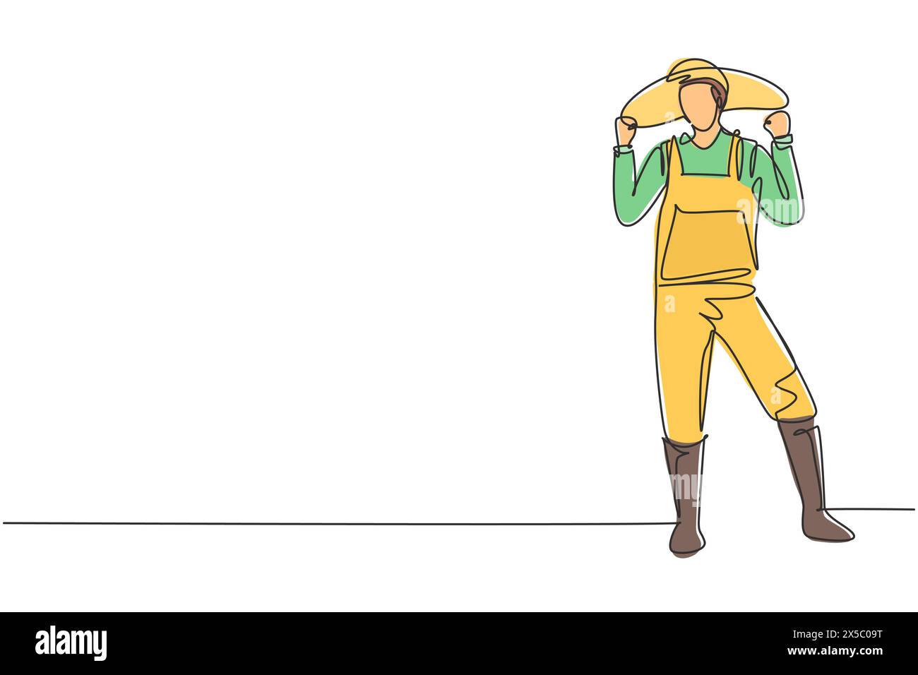 Continuous one line drawing farmer stood with celebrate gesture ...
