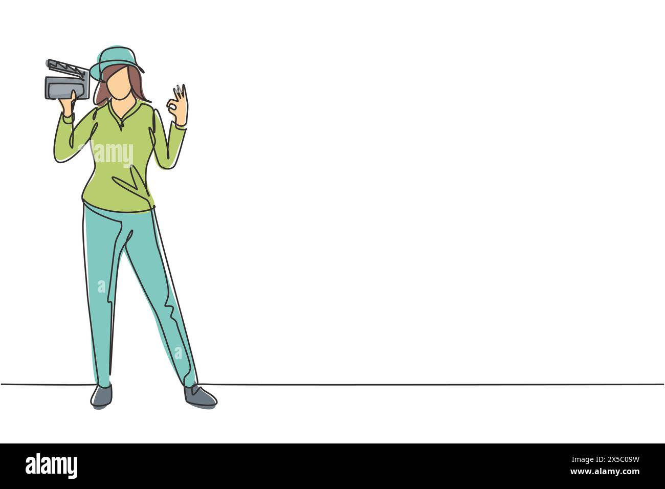 Single continuous line drawing female film director stands with gesture ...