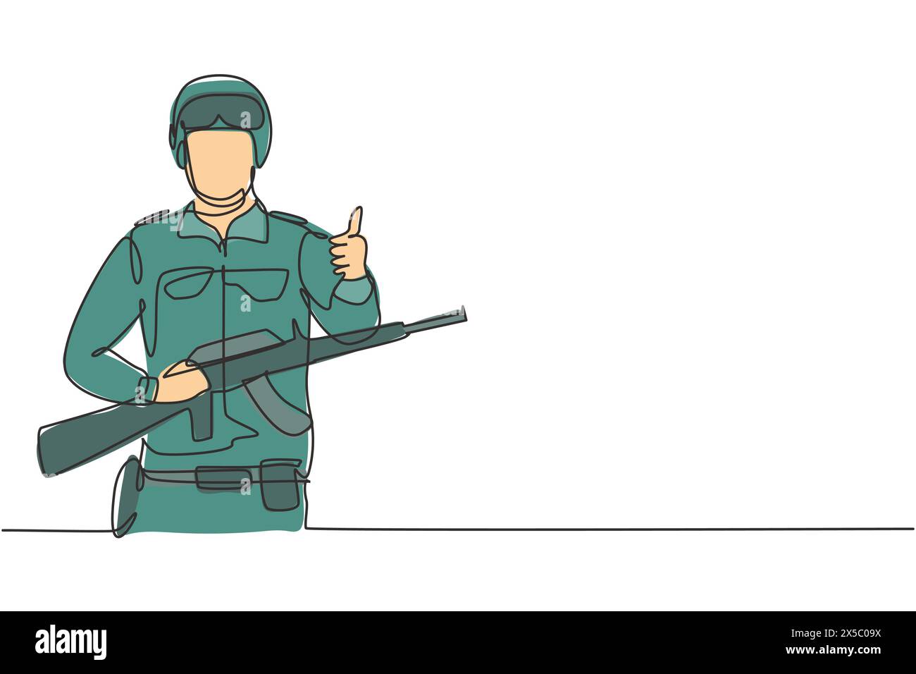 Continuous one line drawing soldiers with weapons, full uniforms ...
