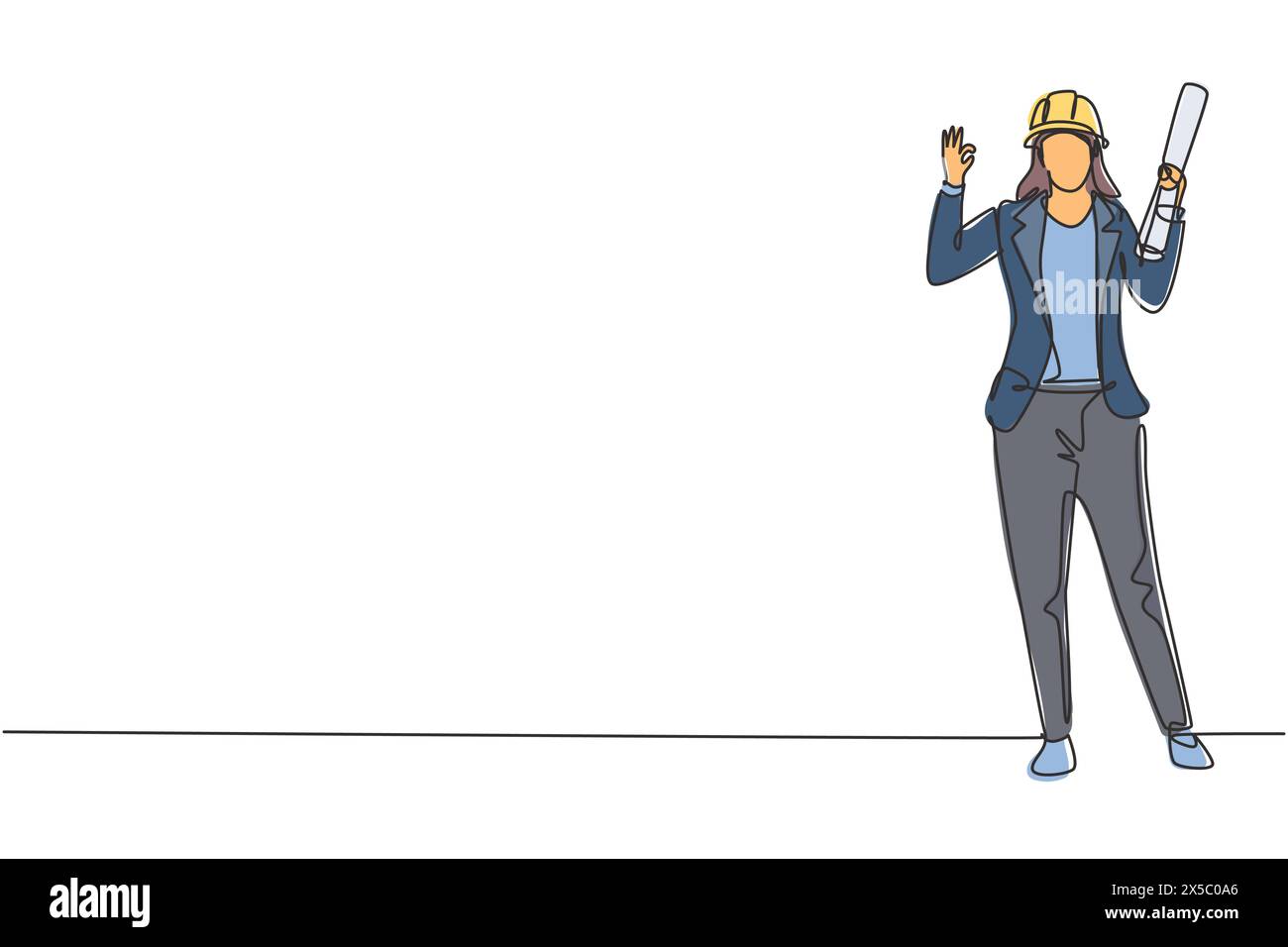 Continuous one line drawing female architect stood with gesture okay ...