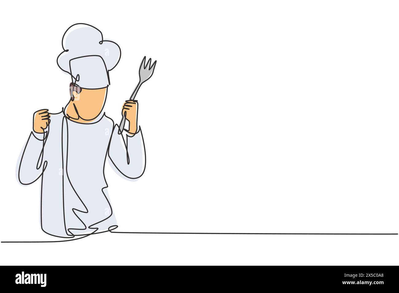 Single one line drawing chef with celebrate gesture, holding fork and ...