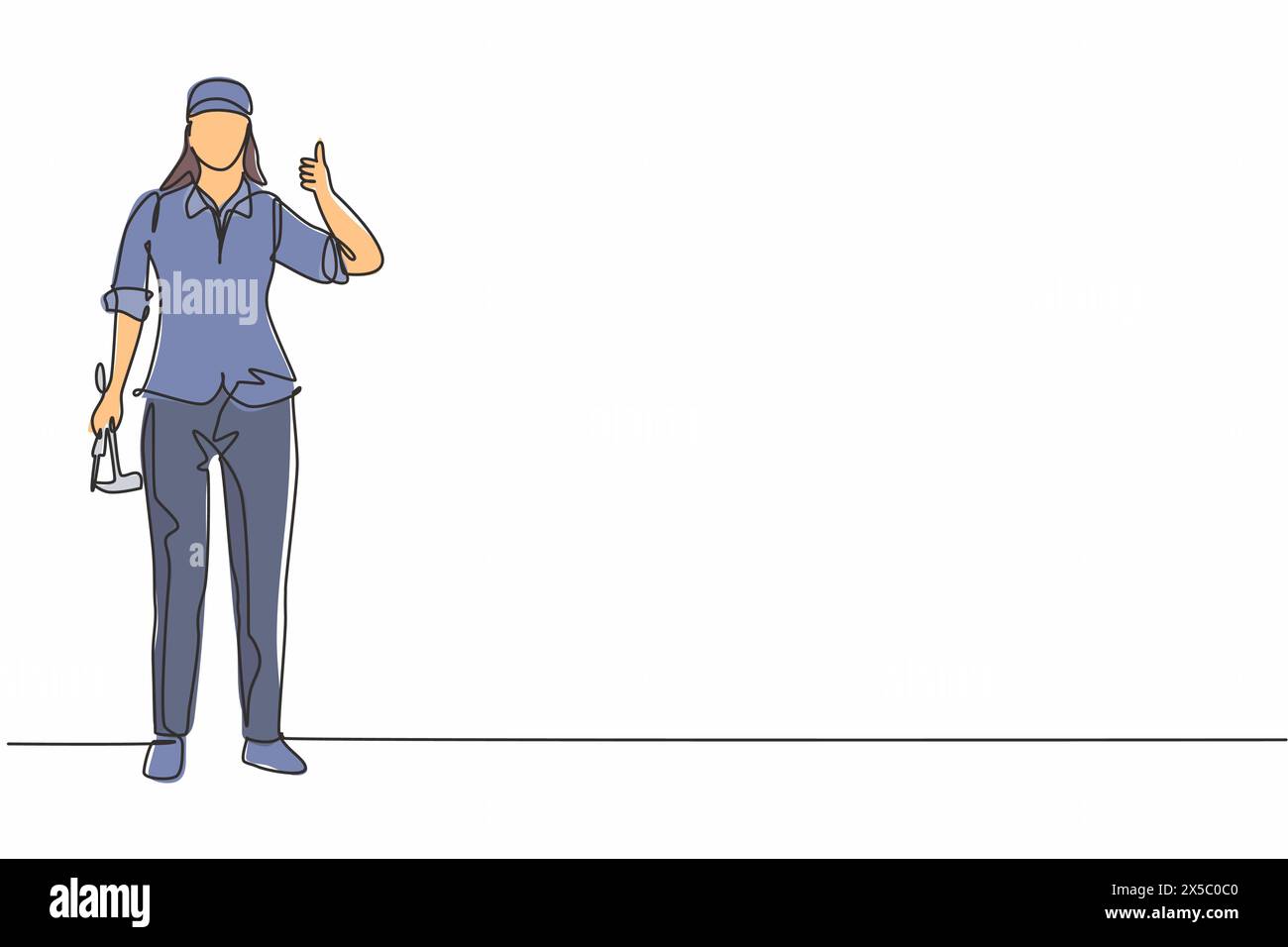 Continuous one line drawing carpenter woman standing with a thumbs-up ...