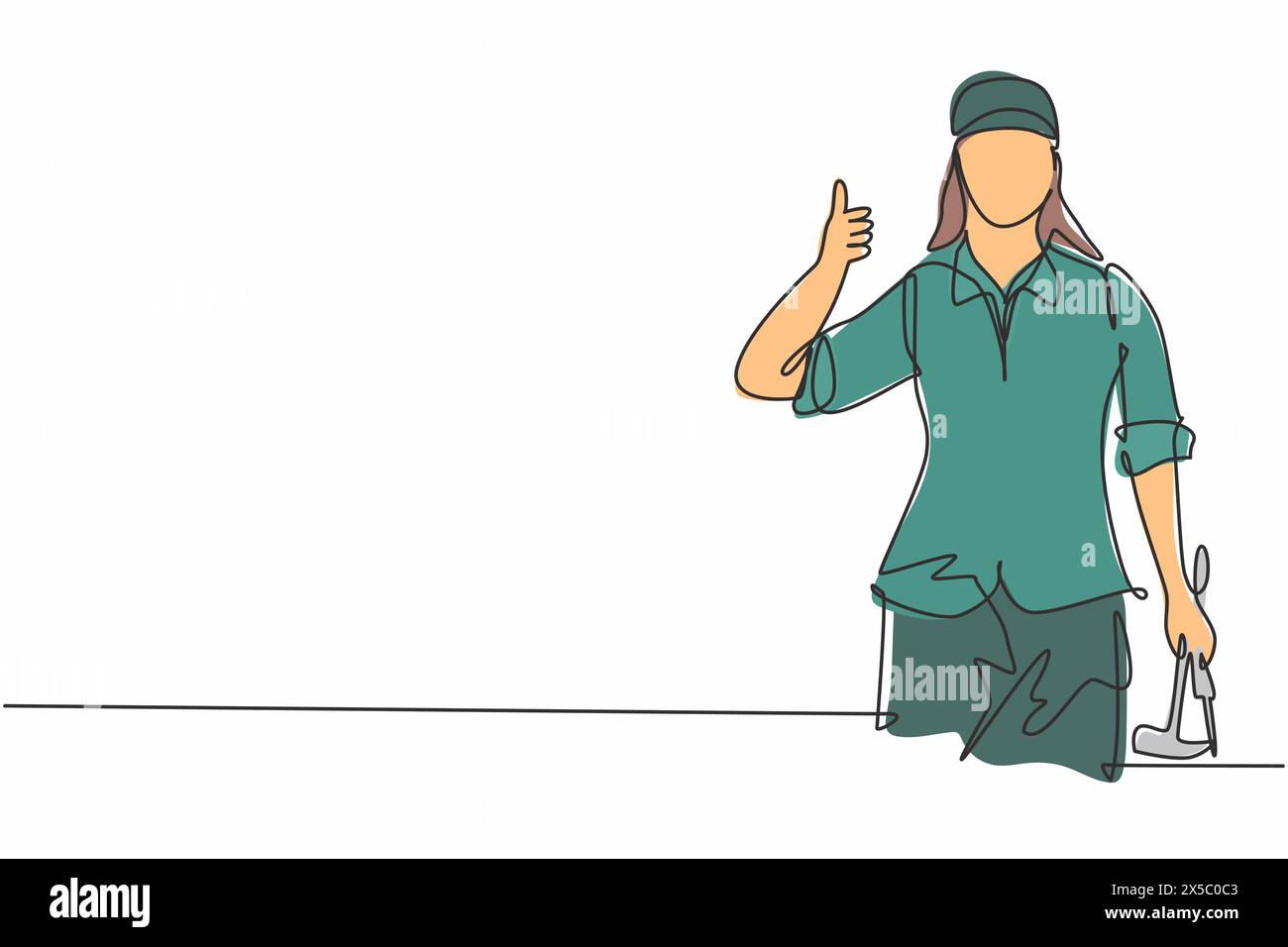 Single continuous line drawing carpenter woman with a thumbs-up gesture ...