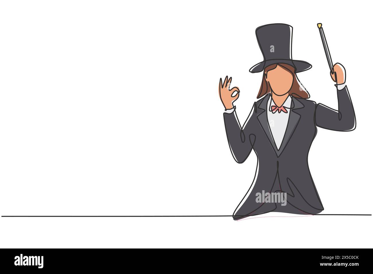 Single continuous line drawing female magician with gesture okay ...