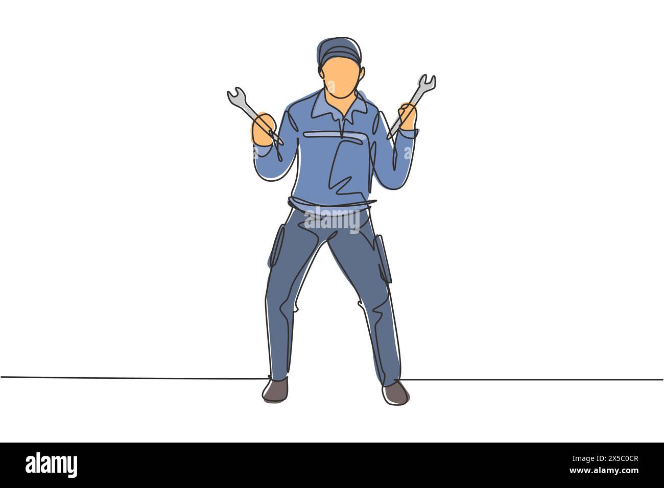 Single one line drawing mechanic stands up with celebrate gesture and ...