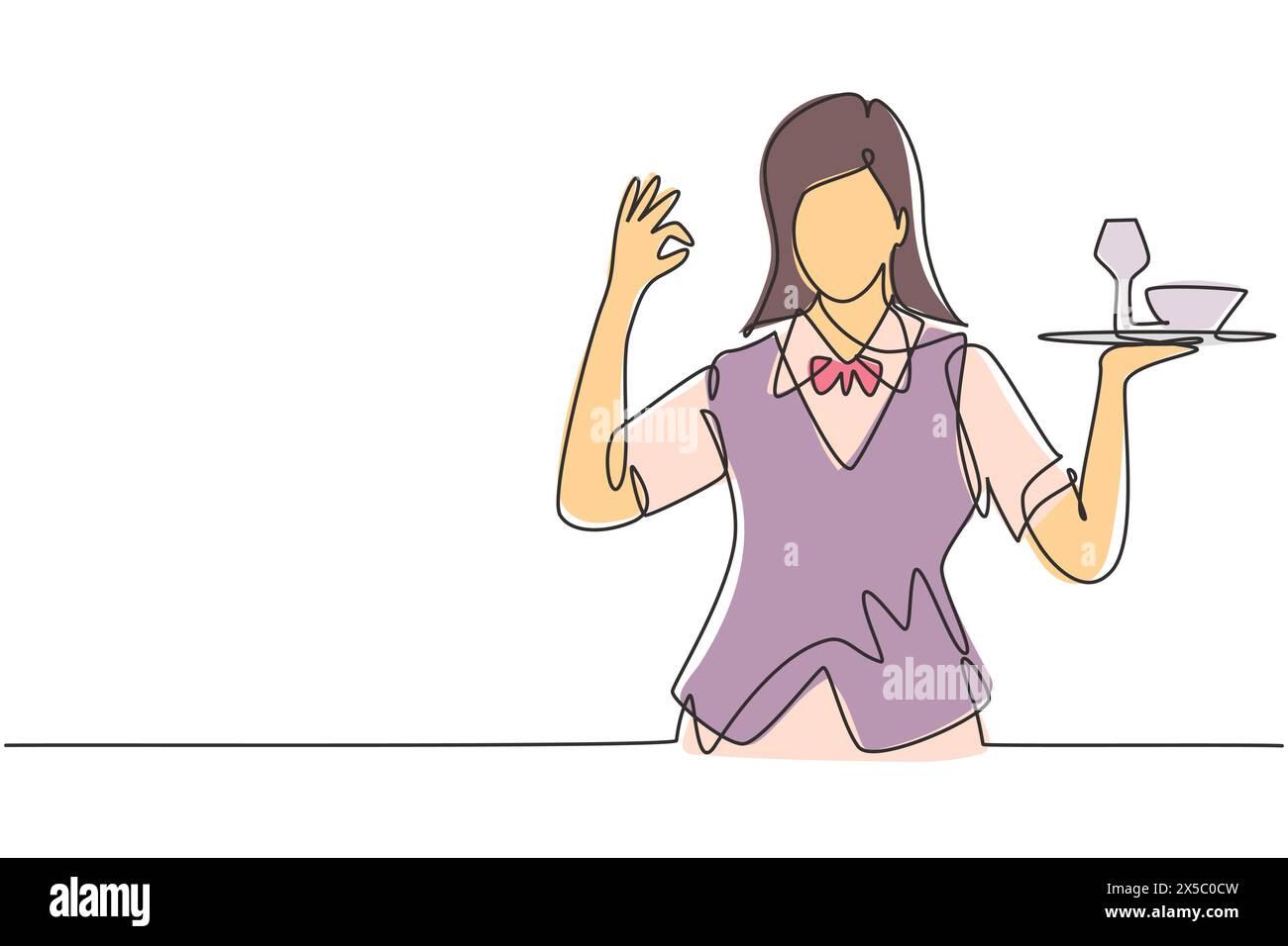 Single continuous line drawing waitress with gesture okay and brought a ...