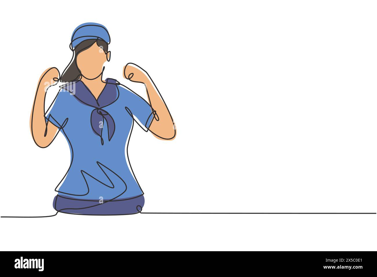 Single continuous line drawing sailor woman with celebrate gesture and ...