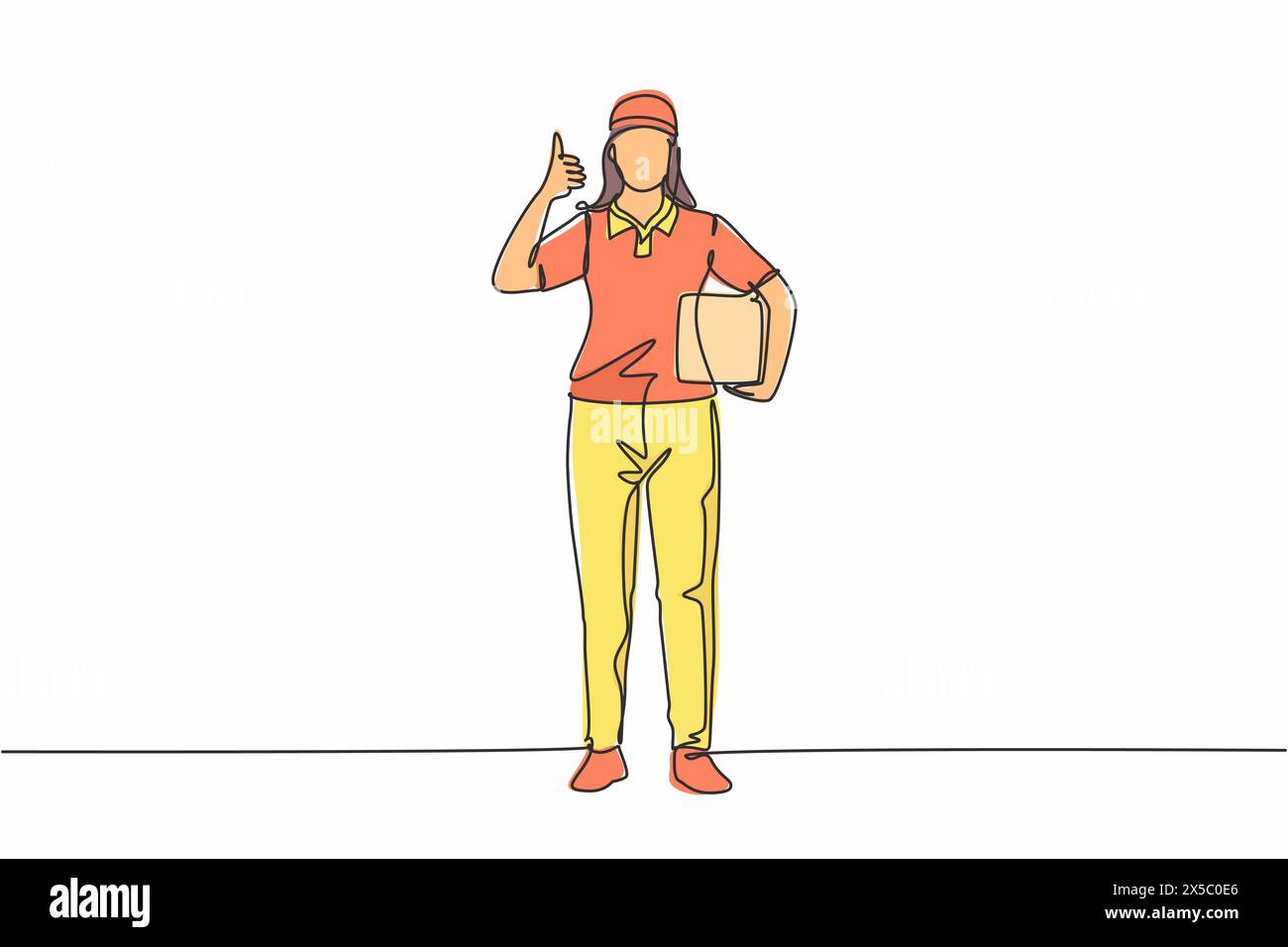 Single continuous line drawing delivery lady stands with thumbs-up ...