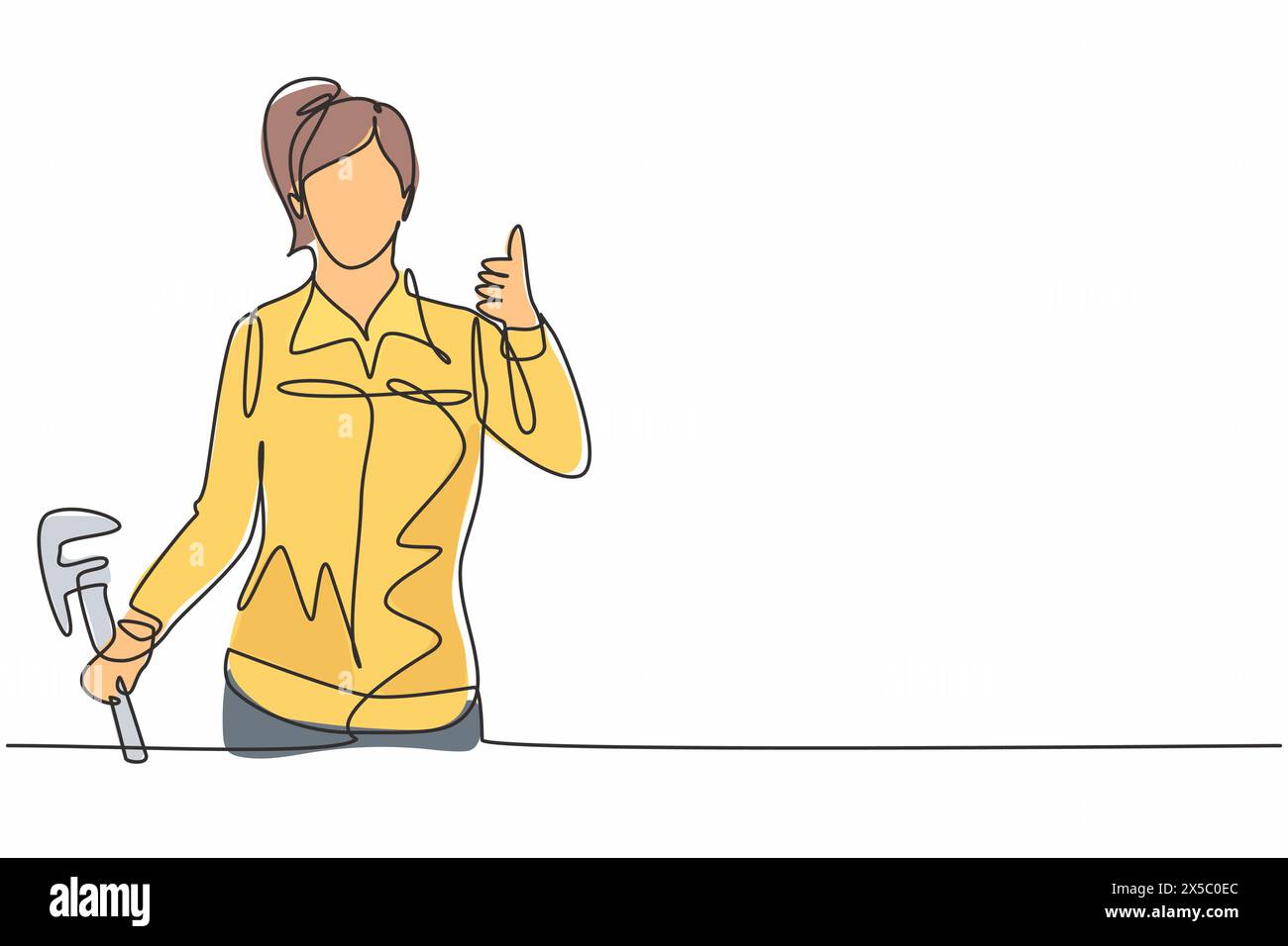 Continuous one line drawing a plumber woman with a thumbs-up gesture at ...