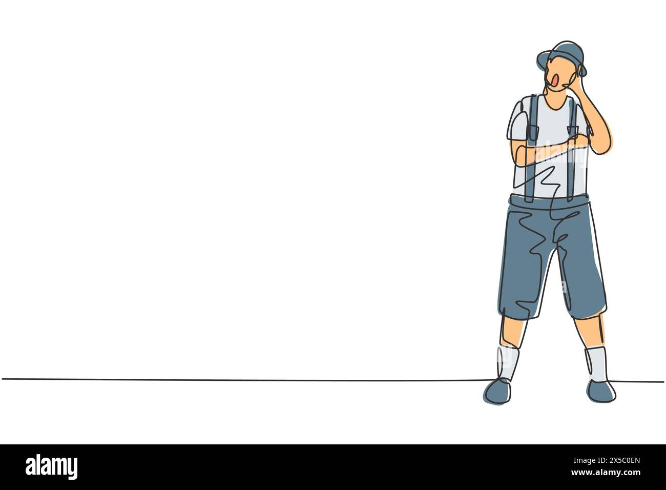 Single continuous line drawing mime artist stands with call me gesture ...