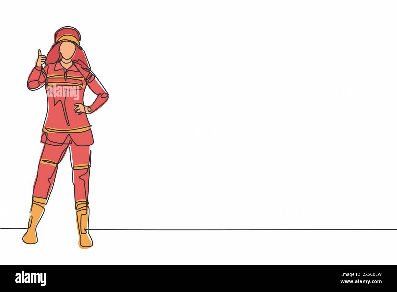 Continuous one line drawing female firefighters stood wearing helmets ...