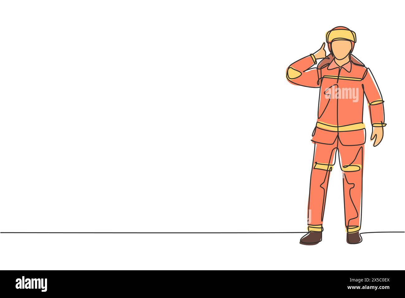 Continuous one line drawing firefighters stood with call me gesture ...