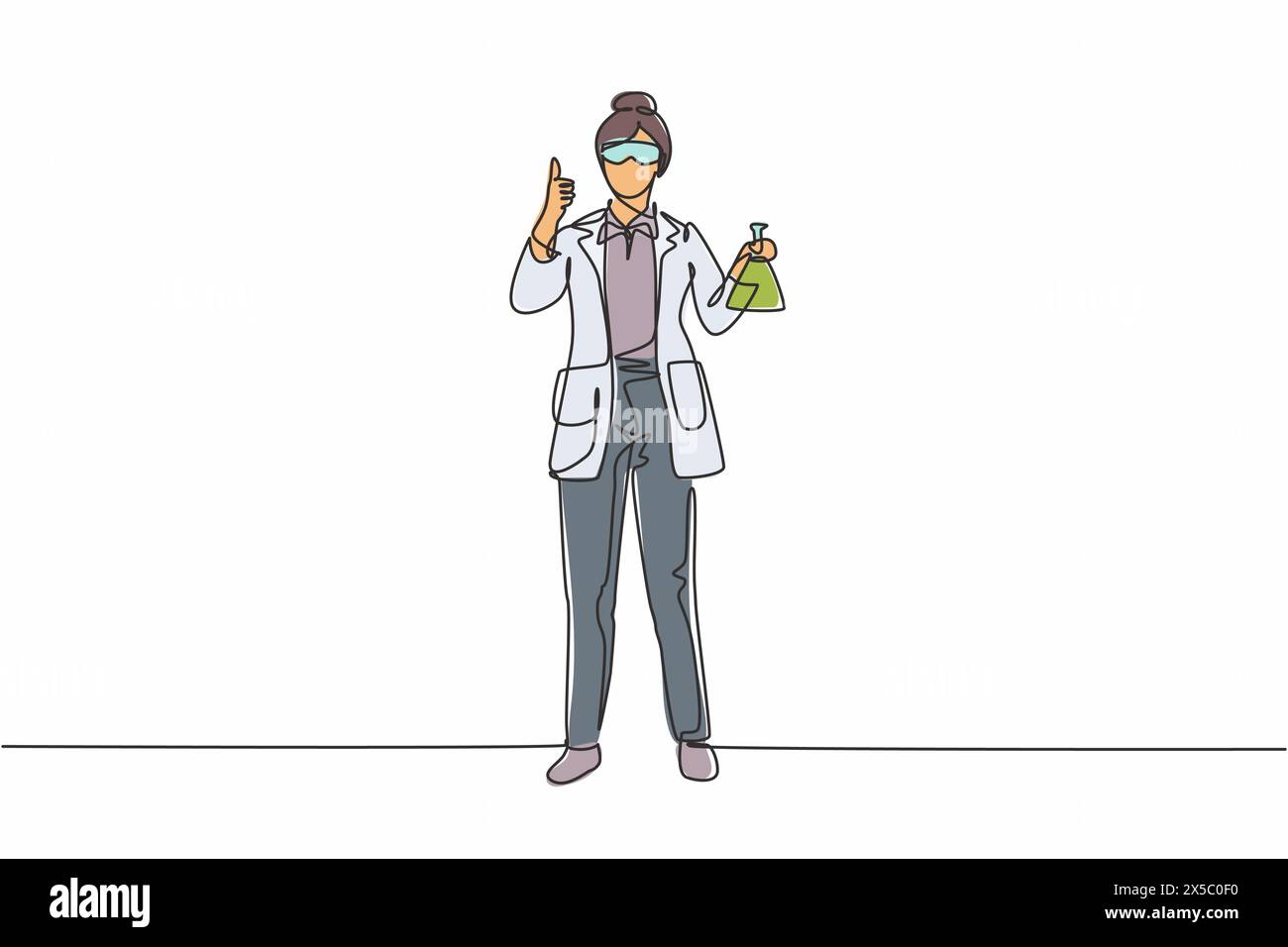 Single continuous line drawing female scientist stands with a thumbs-up ...