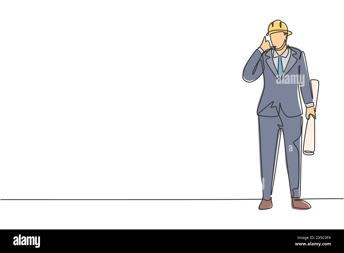Single One Line Drawing Architect Stood With Call Me Gesture And
