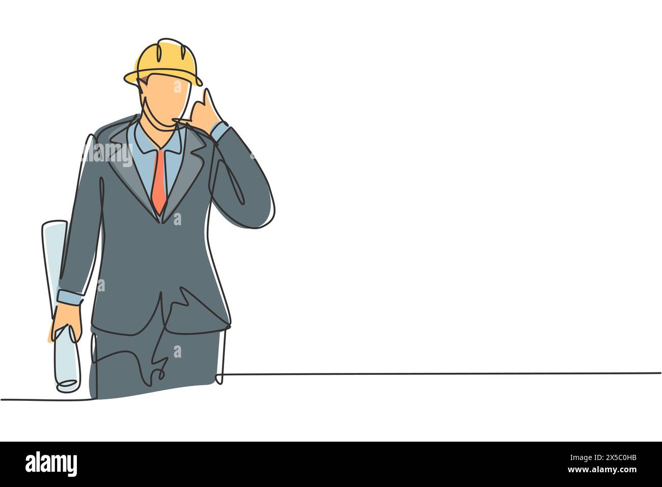 Continuous One Line Drawing Architect With Call Me Gesture And Wearing