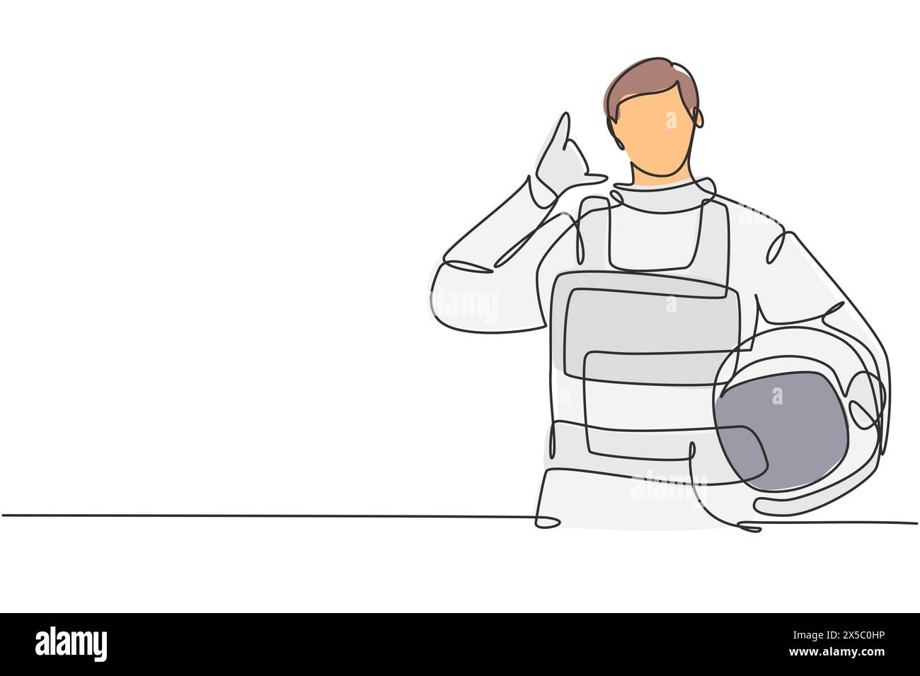 Single continuous line drawing astronaut with call me gesture wearing spacesuits to explore ...