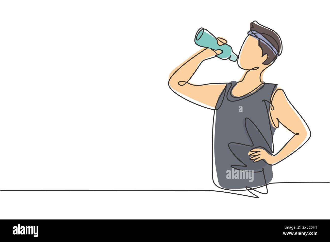 Single continuous line drawing young man drinking fresh water from a ...