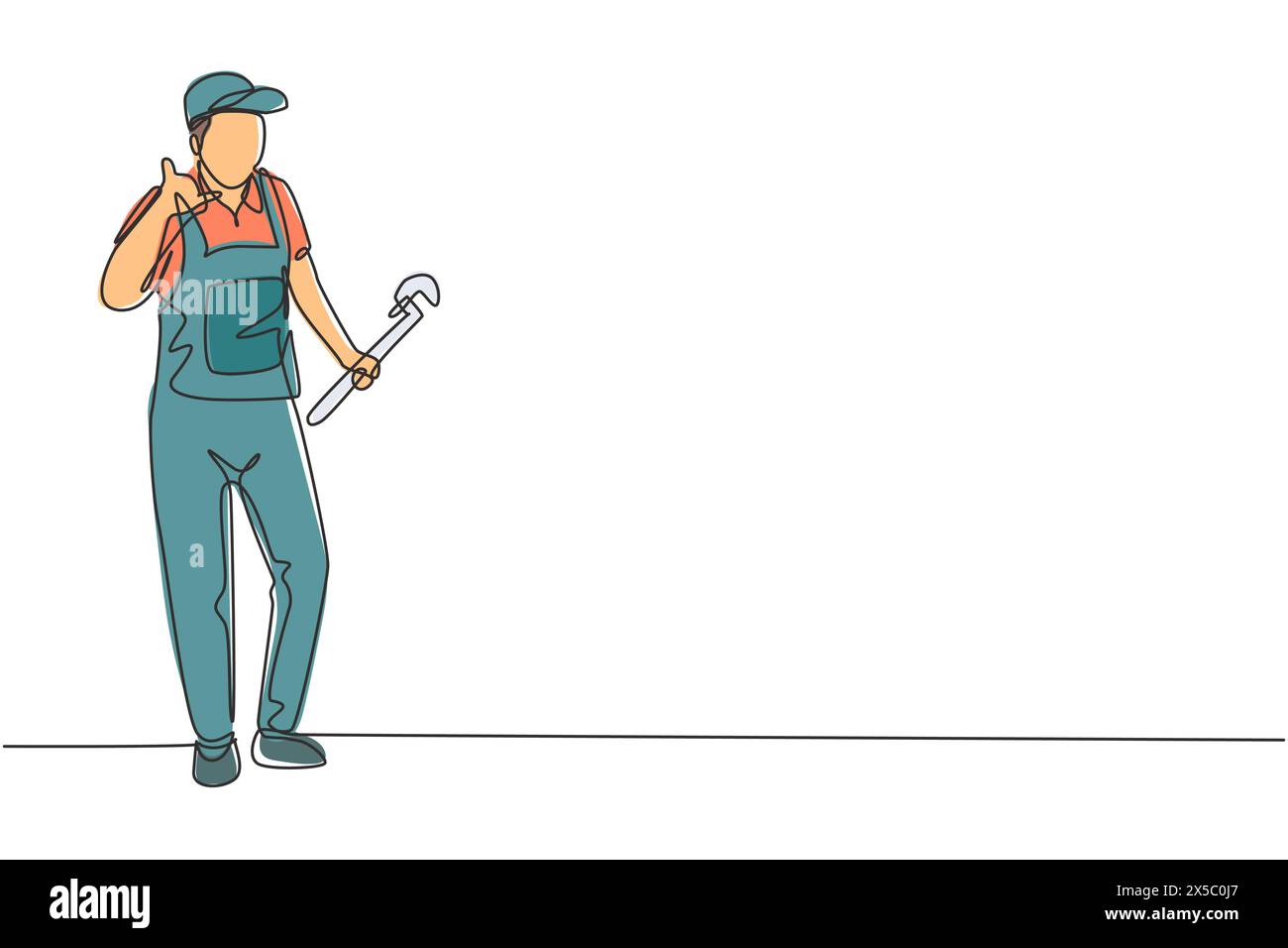 Single one line drawing plumber stands with call me gesture and holding ...