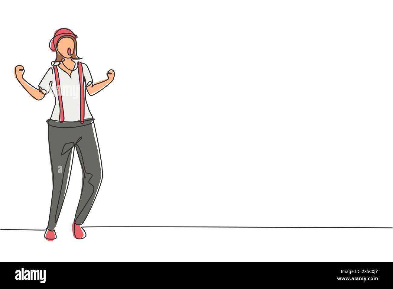 Single continuous line drawing female mime artist stands with celebrate ...