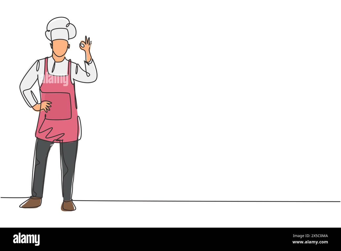 Single one line drawing chef stands with gesture okay and wear cooking ...