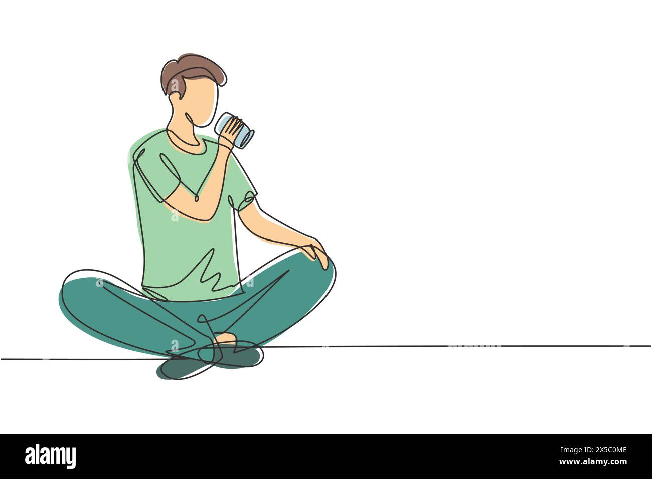 Single continuous line drawing young man sitting while enjoying a soft ...