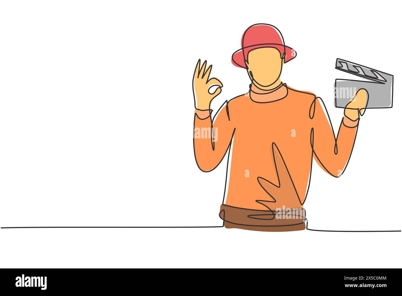 Single continuous line drawing film director with gesture okay holding ...