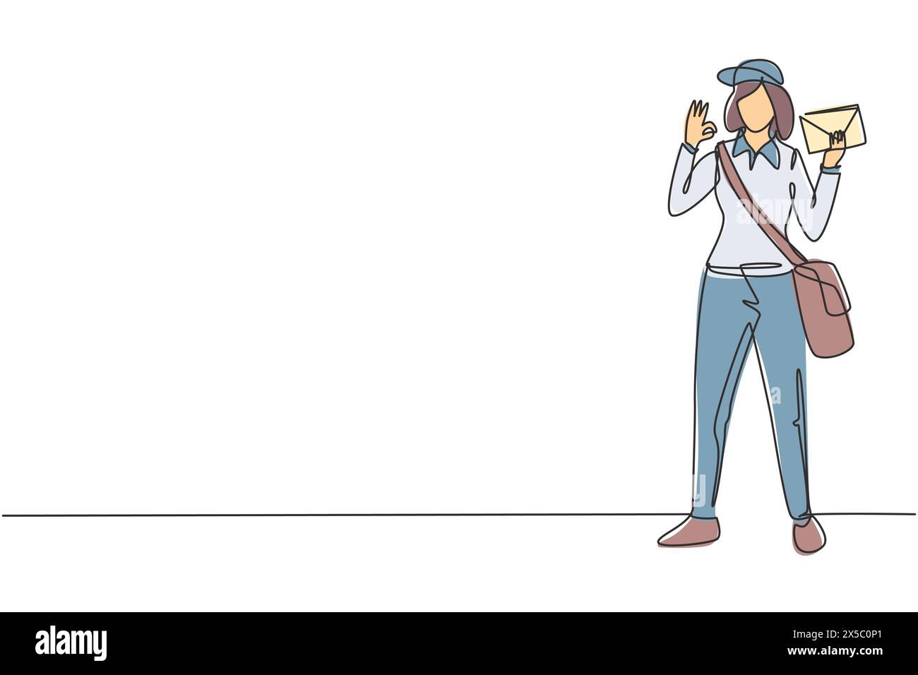 Single continuous line drawing postwoman standing with hat, sling bag ...