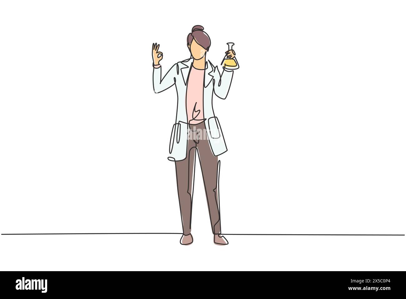 Single one line drawing female scientist stands with gesture okay and ...