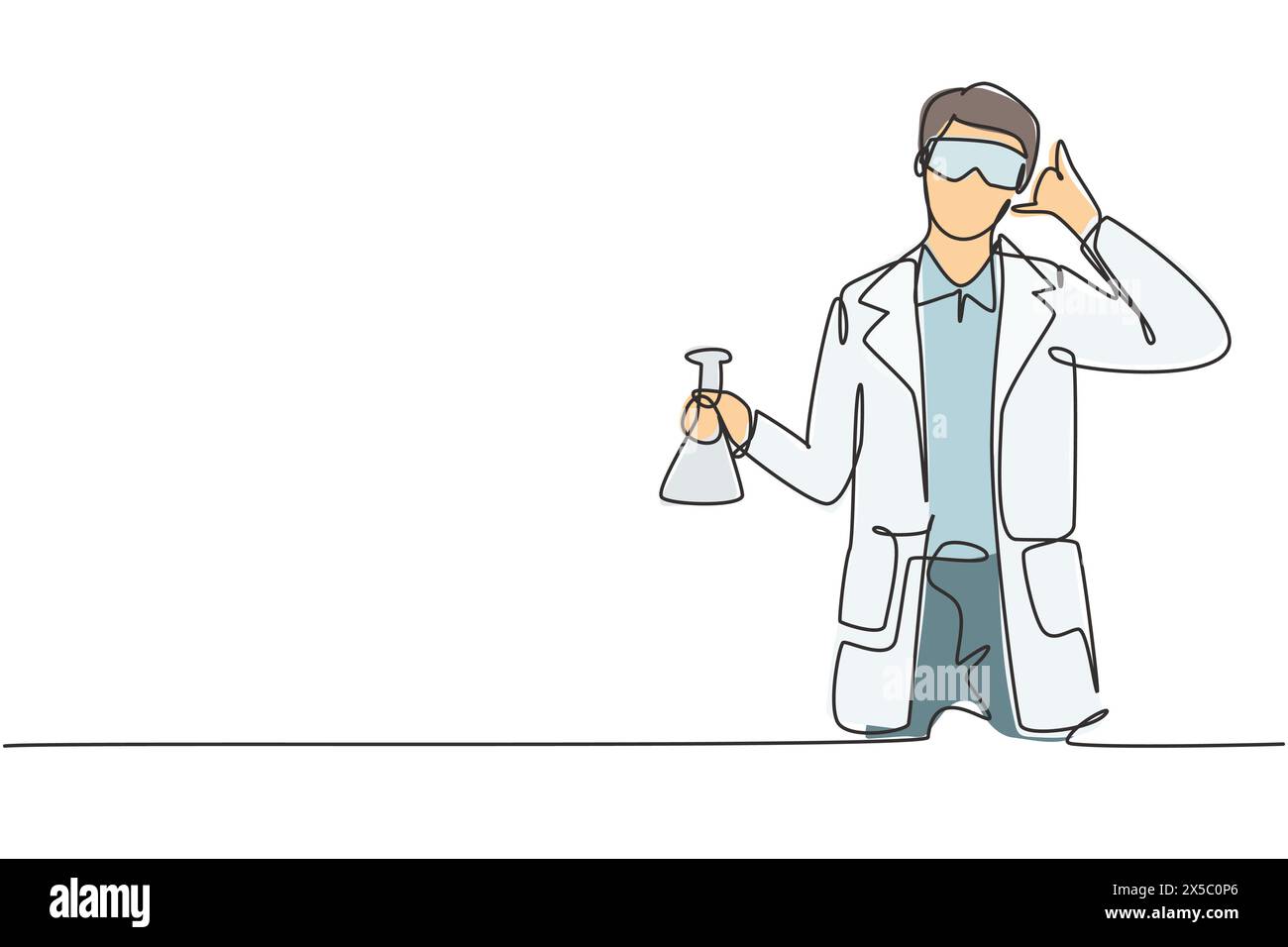 Single one line drawing scientist with call me gesture and holding ...