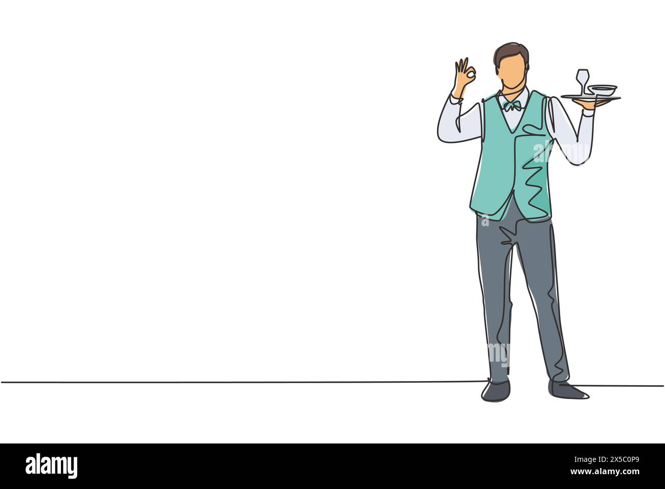 Single continuous line drawing waiter stood up with gesture okay and ...