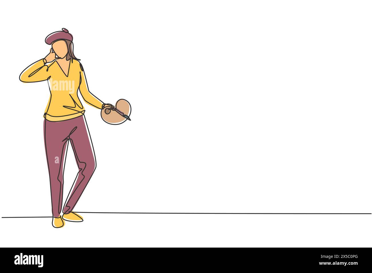 Continuous one line drawing female painter stands with call me gesture ...