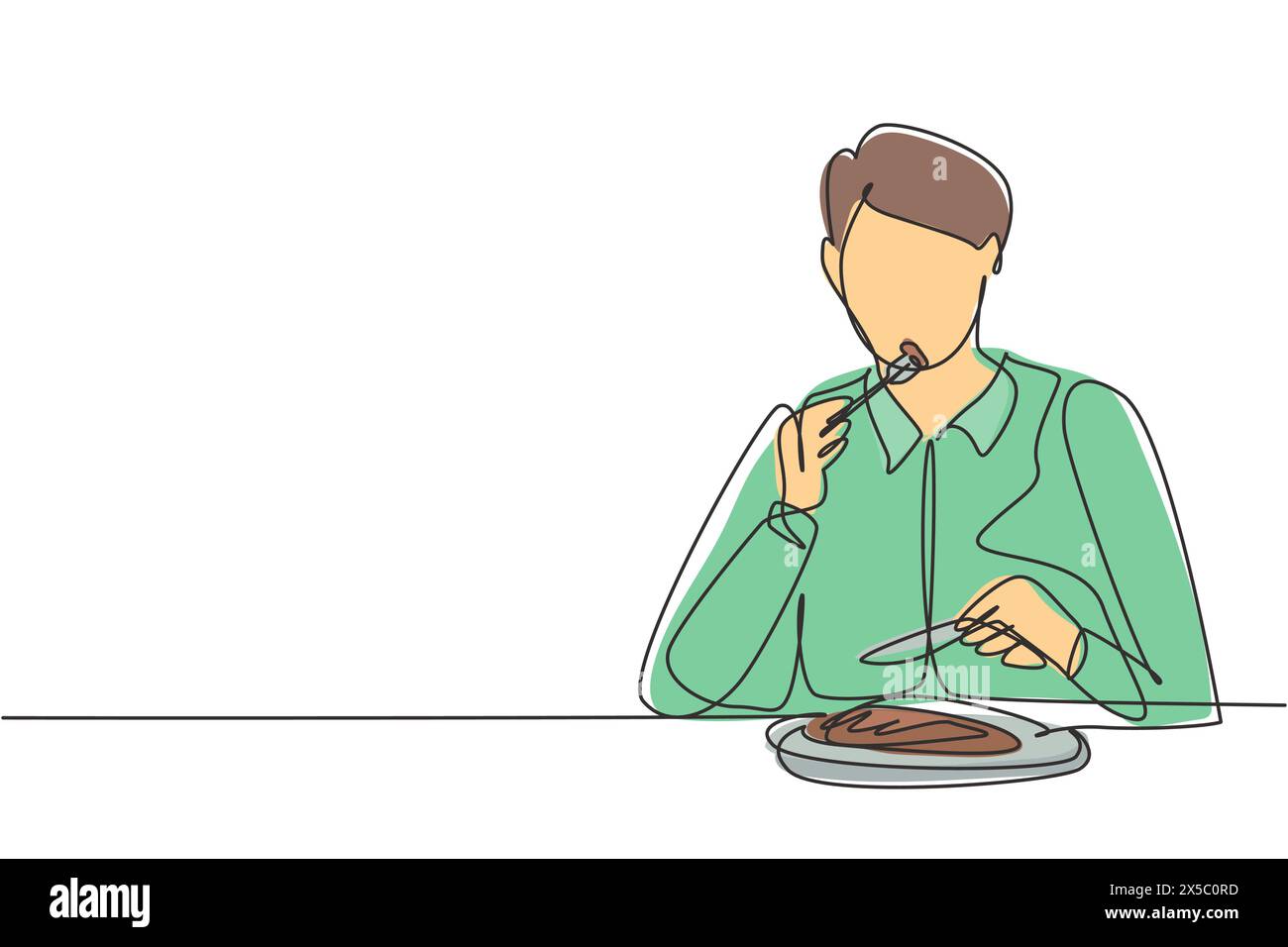 Continuous one line drawing young man having steaks meal with fork and ...