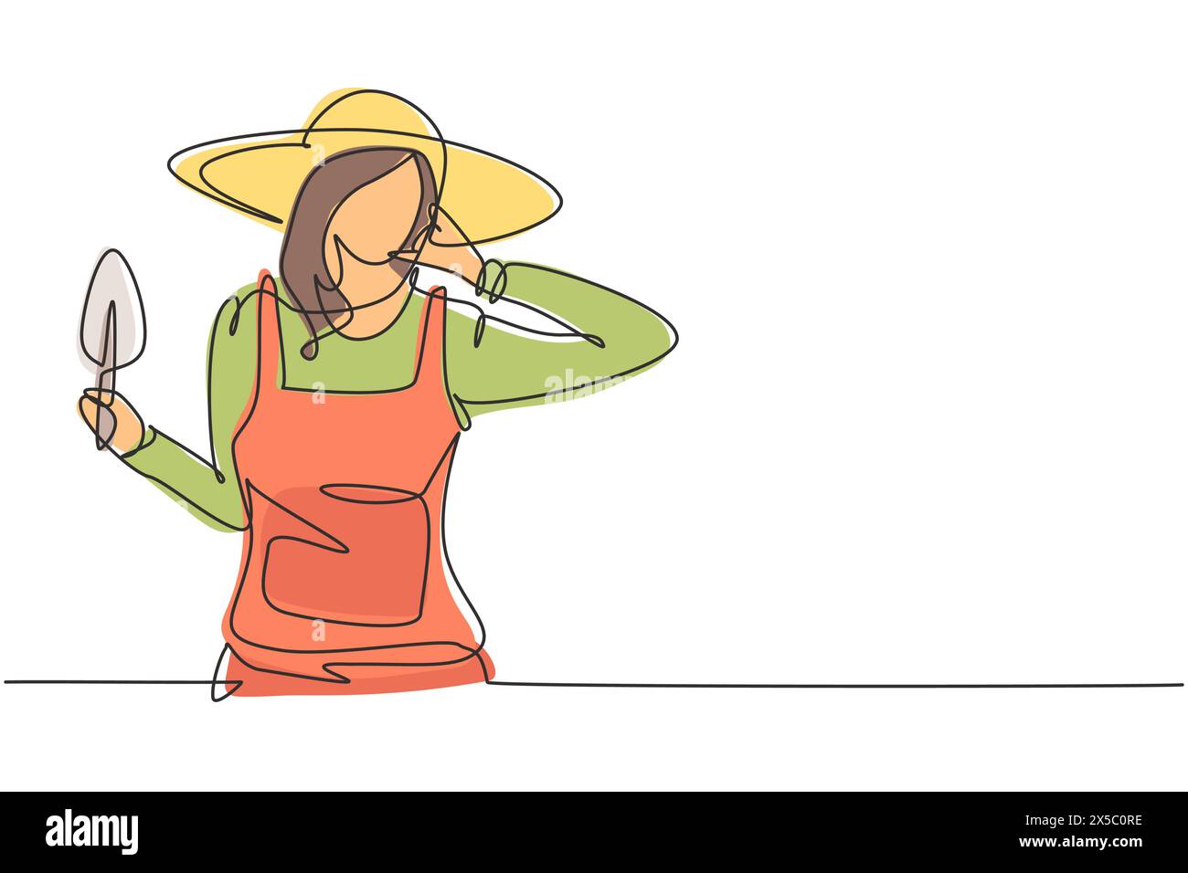 Single one line drawing female farmer with call me gesture wearing ...