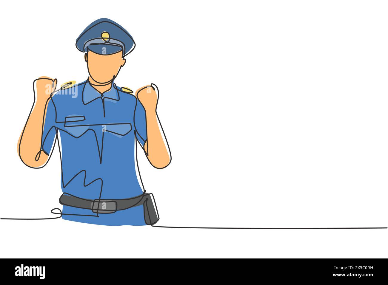 Continuous one line drawing policeman with celebrate gesture and full ...
