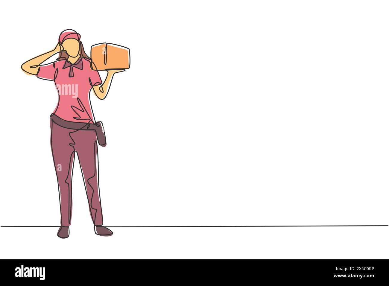 Single continuous line drawing deliverywoman stands with call me ...