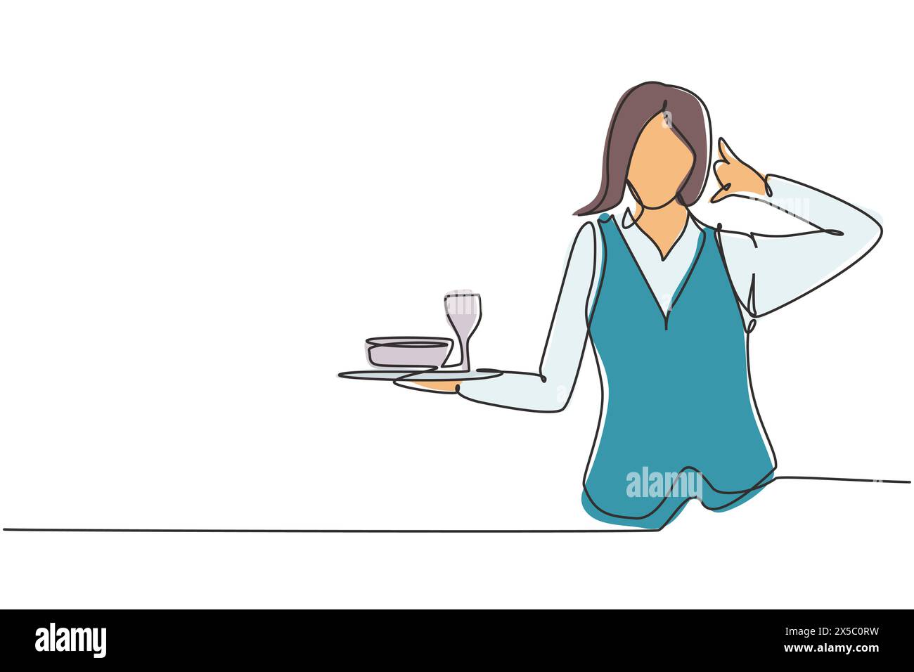 Continuous one line drawing waitress with call me gesture and brought a ...