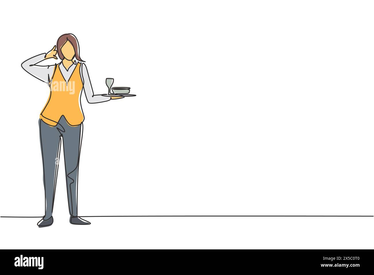 Single continuous line drawing waitress stood up with call me gesture ...