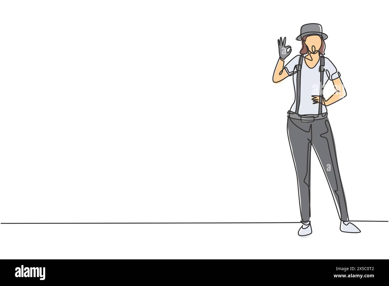 Continuous one line drawing female mime artist stands with gesture okay ...
