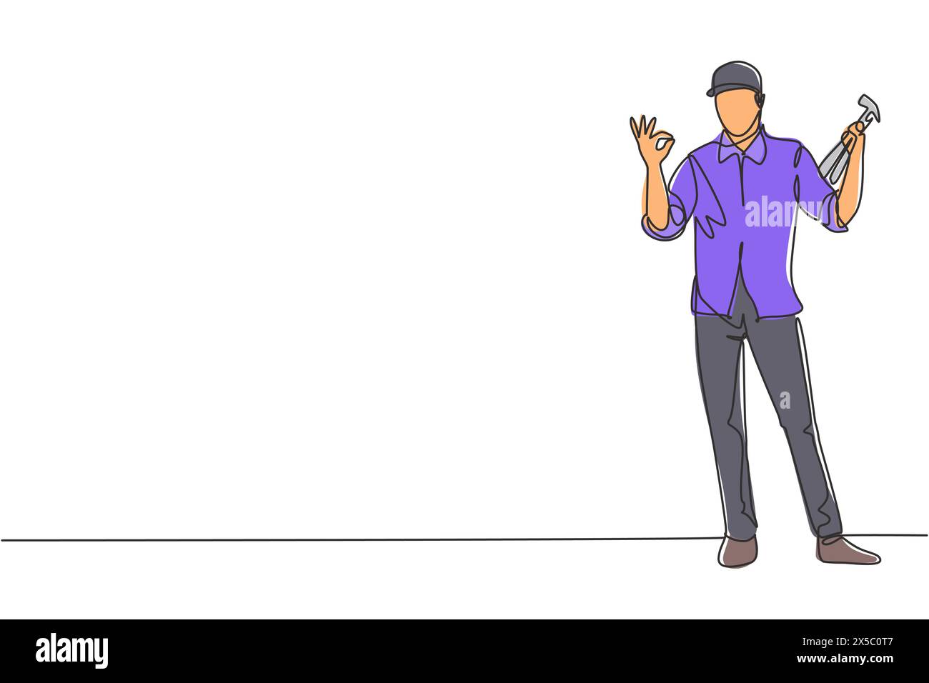 Single one line drawing of carpenter standing with gesture okay works ...