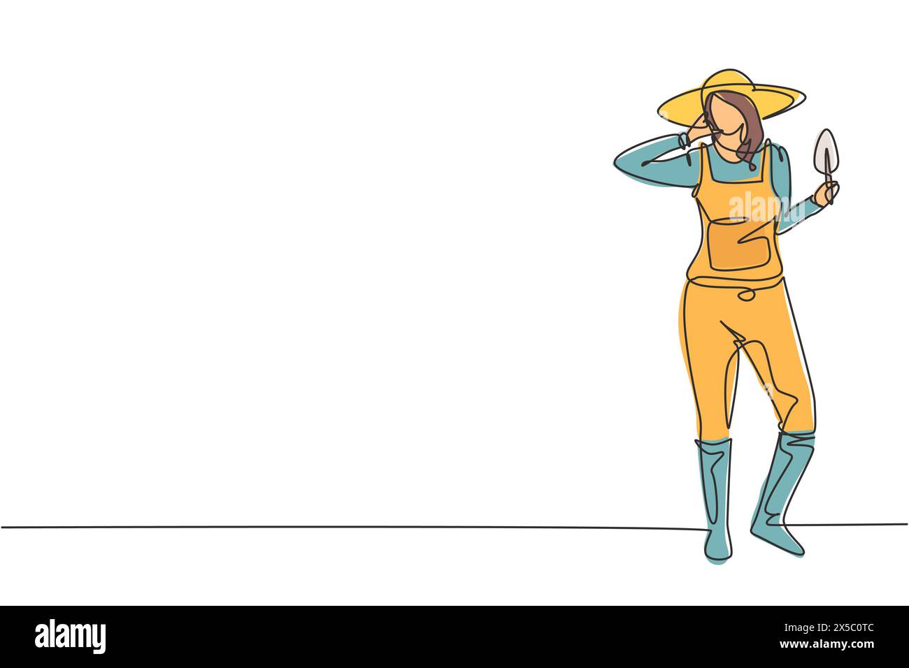 Single continuous line drawing female farmer stood with call me gesture ...