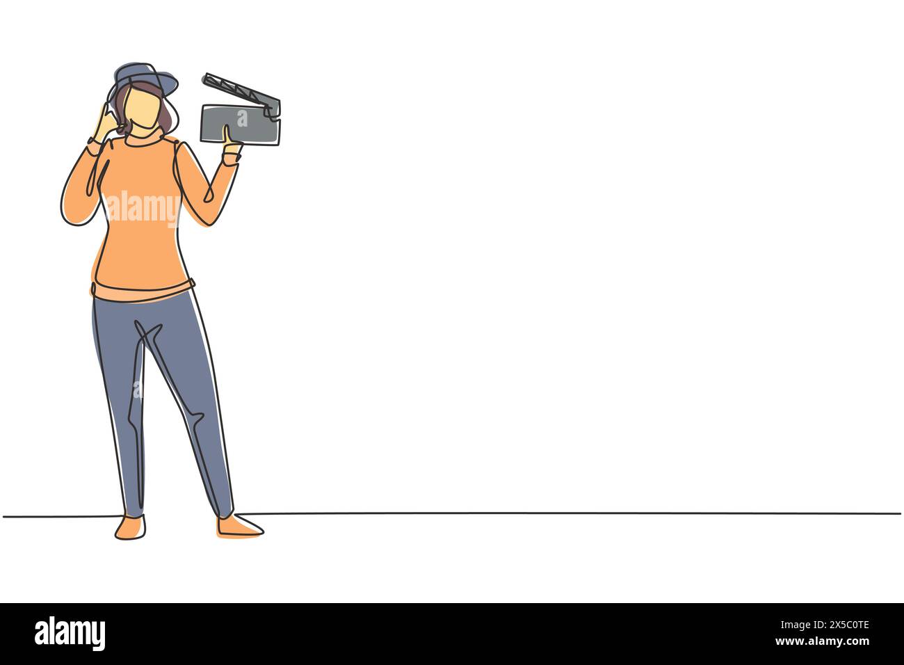 Single one line drawing female film director stands with call me ...