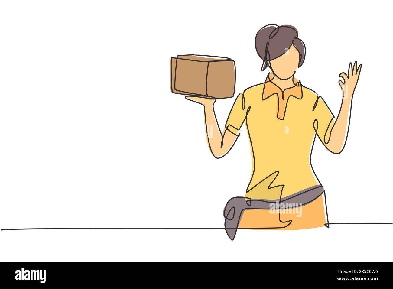 Continuous one line drawing deliverywoman with gesture okay, carrying ...
