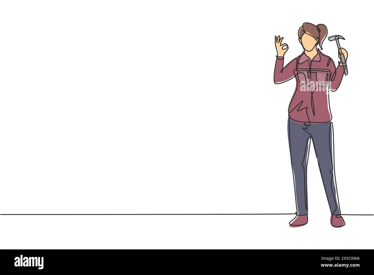 Single one line drawing female carpenter standing with gesture okay ...