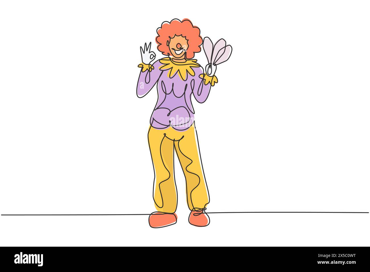 Continuous one line drawing female clown stands with gesture okay ...