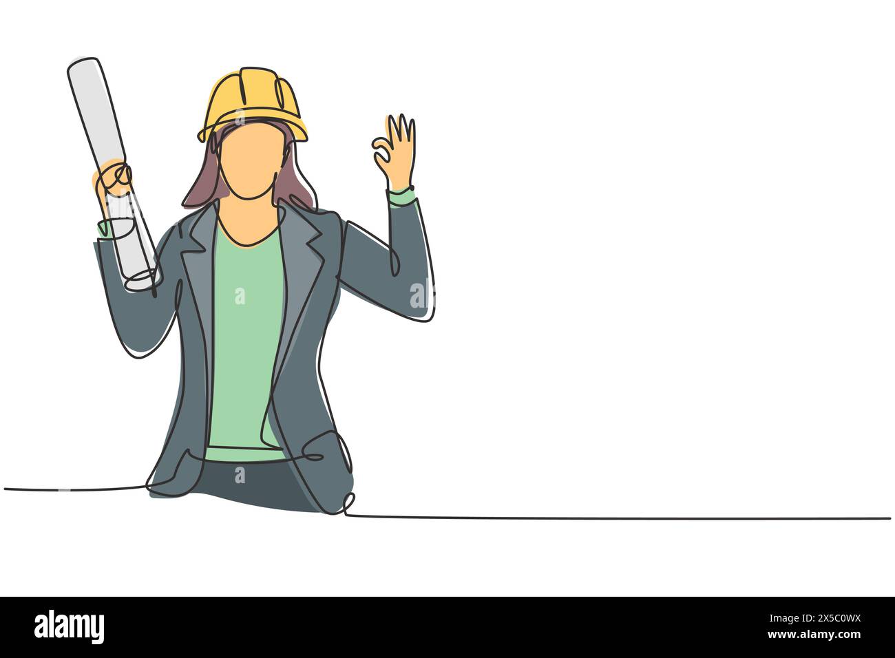 Single continuous line drawing female architect with gesture okay and ...
