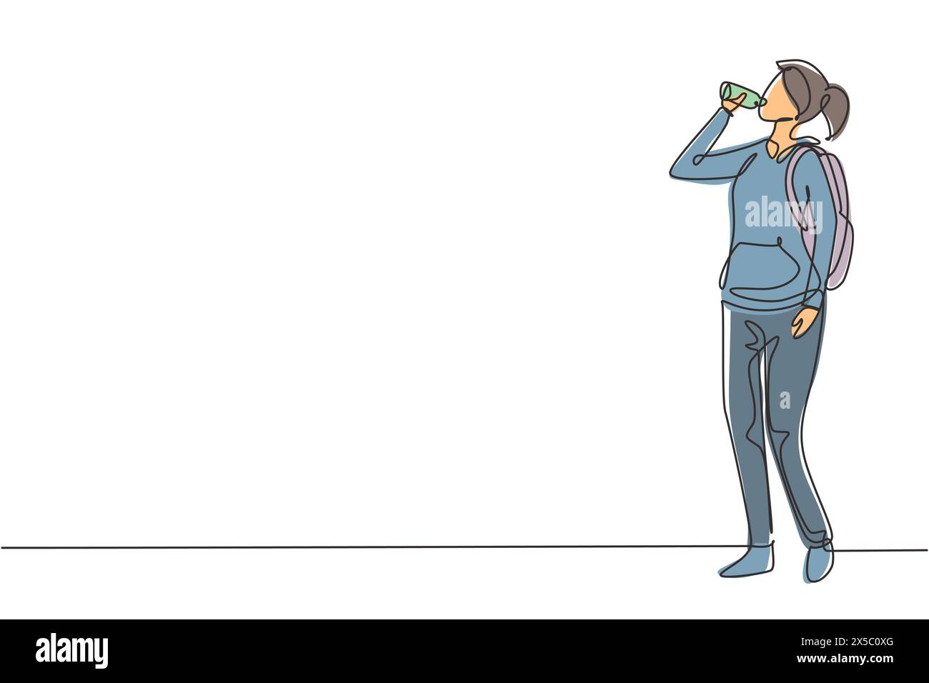 Single continuous line drawing young woman drinking fresh water from a ...