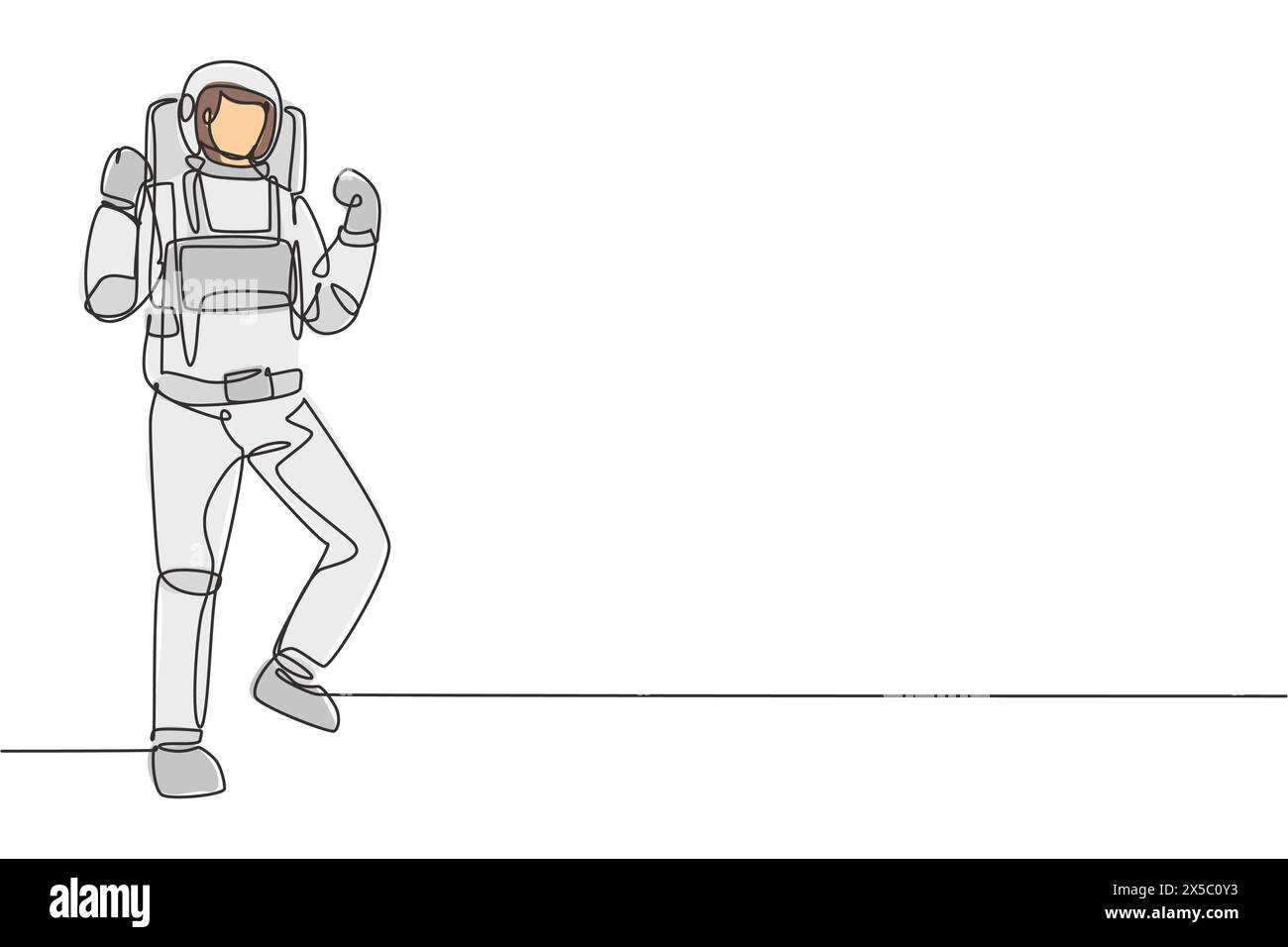 Single continuous line drawing astronaut stands with celebrate gesture ...