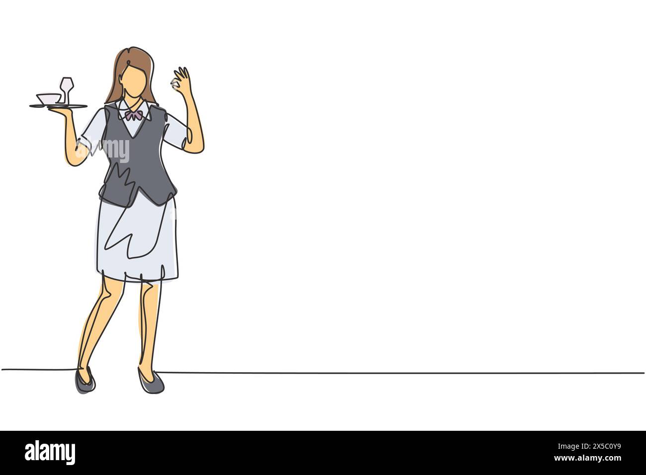 Continuous one line drawing waitress stood up with gesture okay and ...