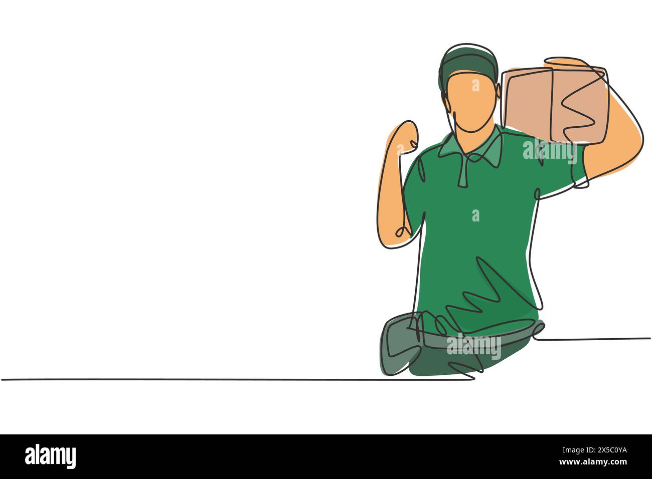 Single continuous line drawing deliveryman with celebrate gesture ...